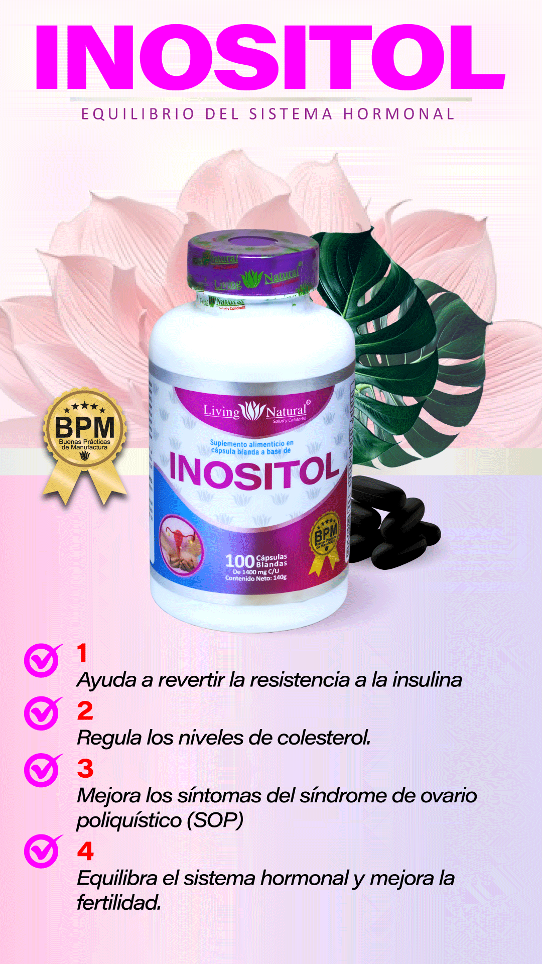 INOSITOL | FRASCO x100 | CAPS BLANDA 1400mg – Living Natural™ Ecuador